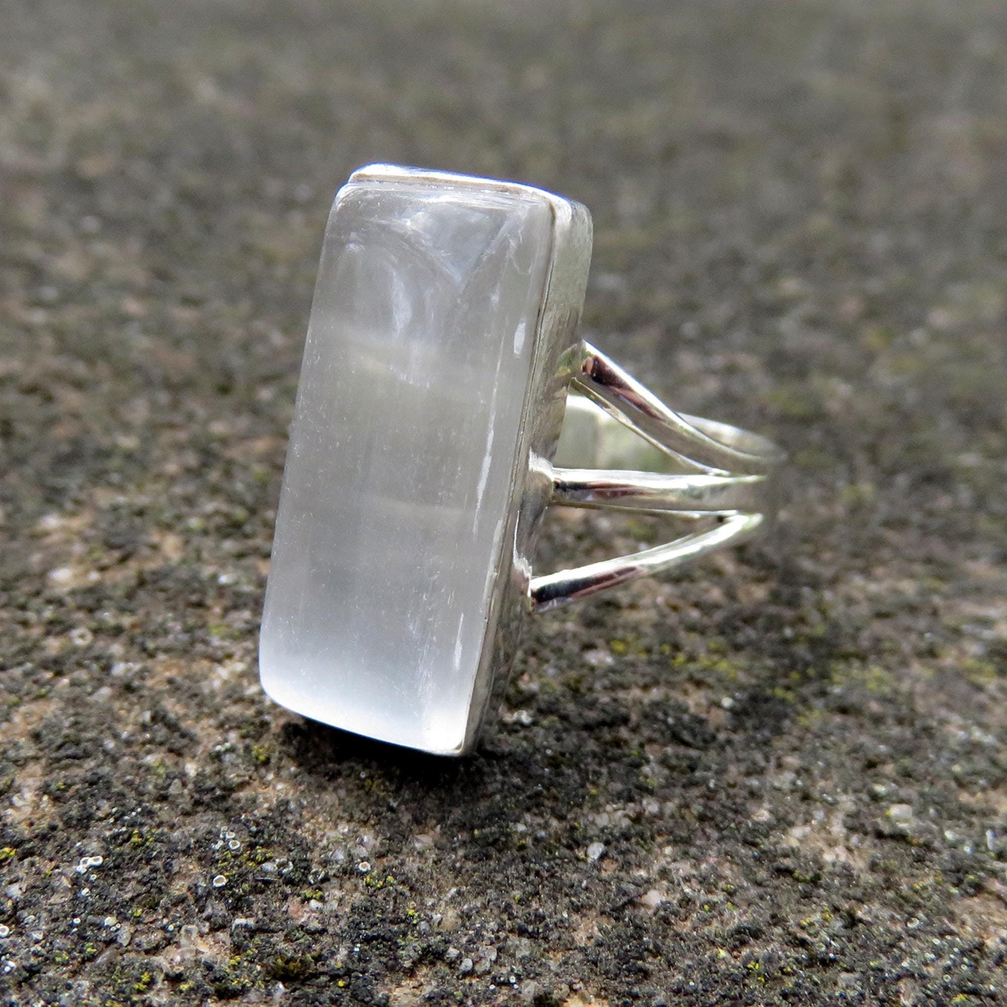 Selenite Ring Size 9 S 60 Crystal Jewelry 925 Sterling Silver White ...