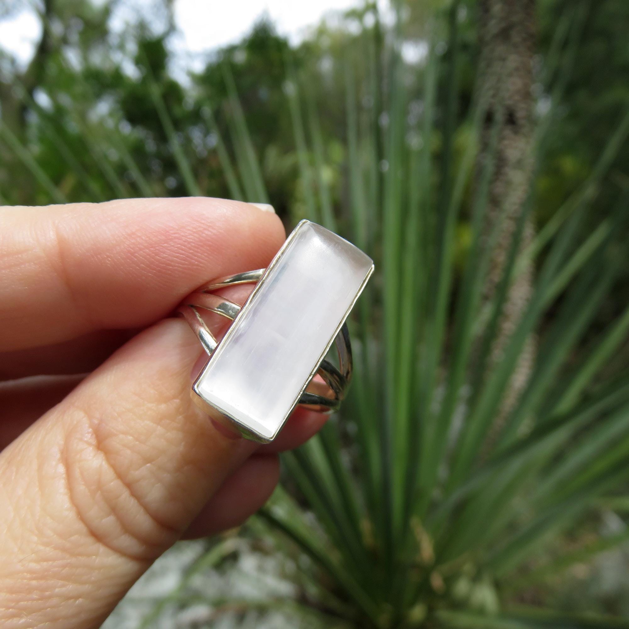 Selenite Ring Size 9 S 60 Crystal Jewelry 925 Sterling Silver White ...
