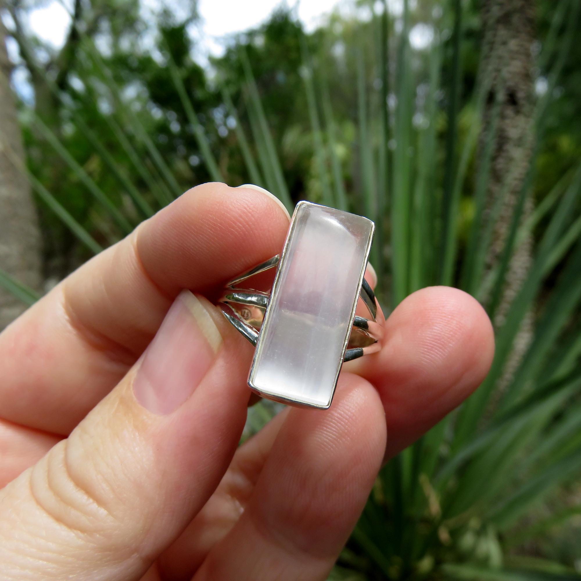 Selenite Ring Size 9 S 60 Crystal Jewelry 925 Sterling Silver White ...