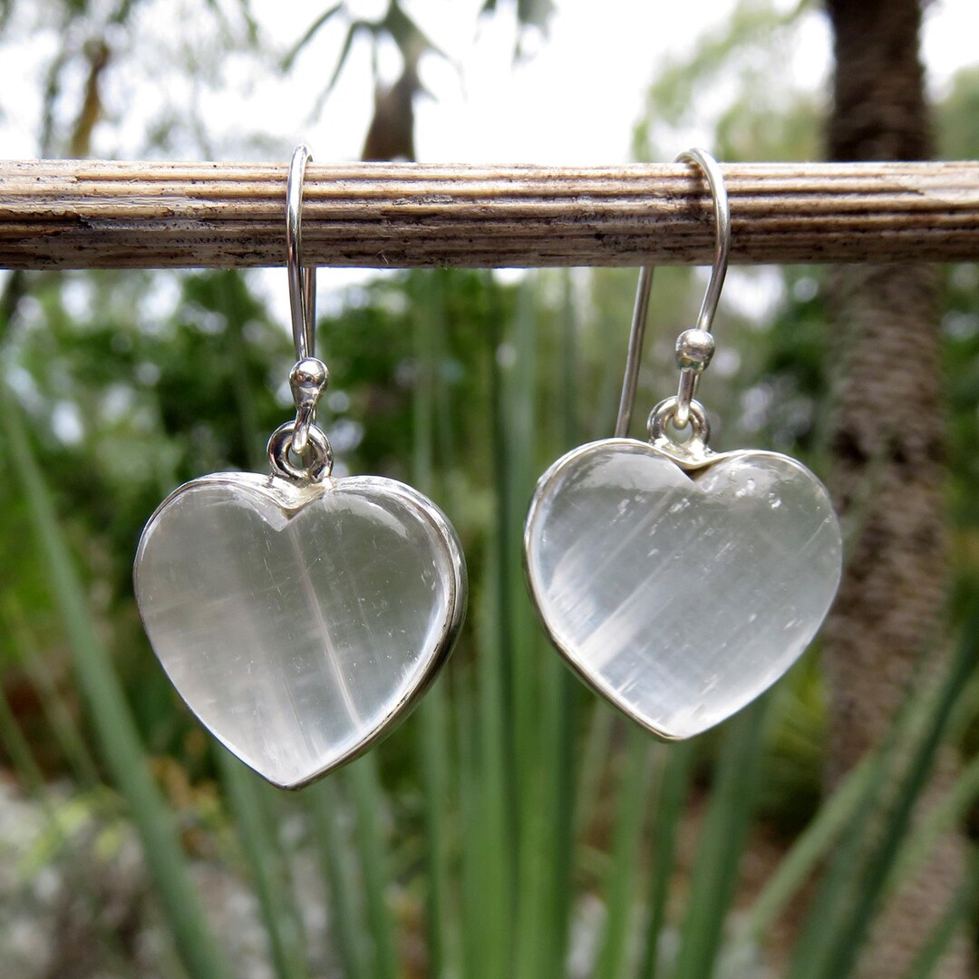 Crystal Selenite Earrings Heart Jewelry 925 Sterling Silver Handmade ...
