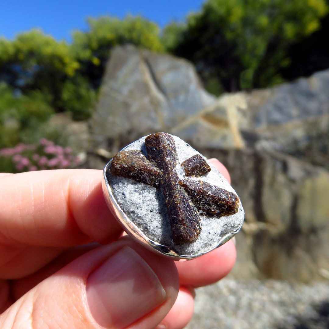 Staurolite Cross Ring Size 8.5, Sterling Silver Gemstone Ring Size R ...