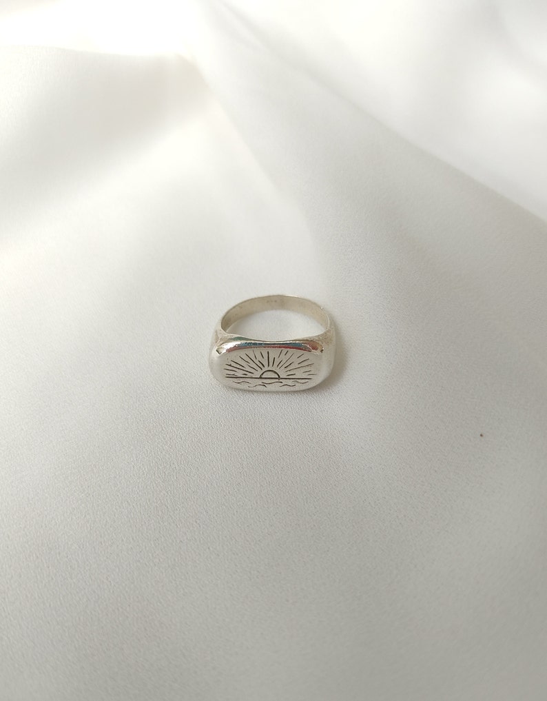 Sunset Ring, Sunrise Ring, Signet Ring, Sea Waves, Sterling Silver, 14k ...