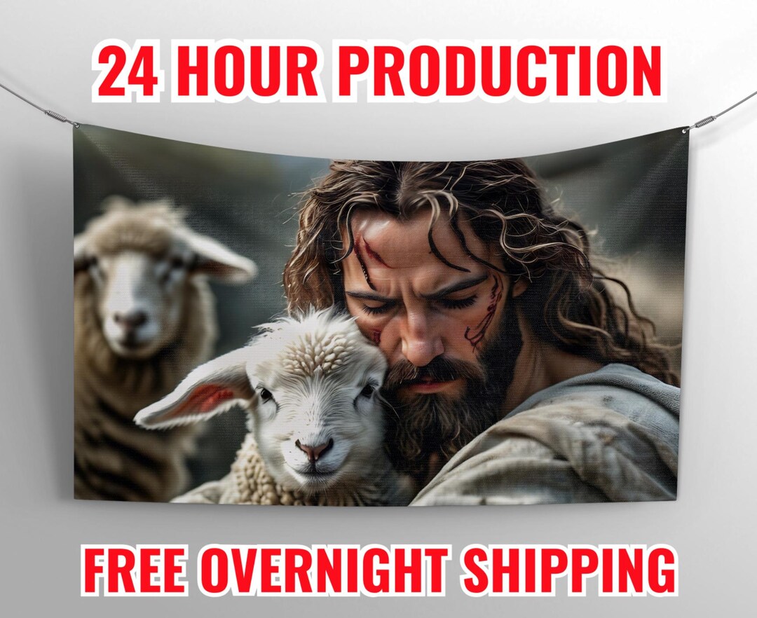 Jesus Wall Decor Banner, Jesus Hugging Lamb, Christian Art, Jesus ...