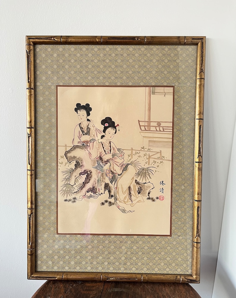 Chinese Silk Painting Vintage Gold Wood Bamboo Frame, Geisha Girls ...