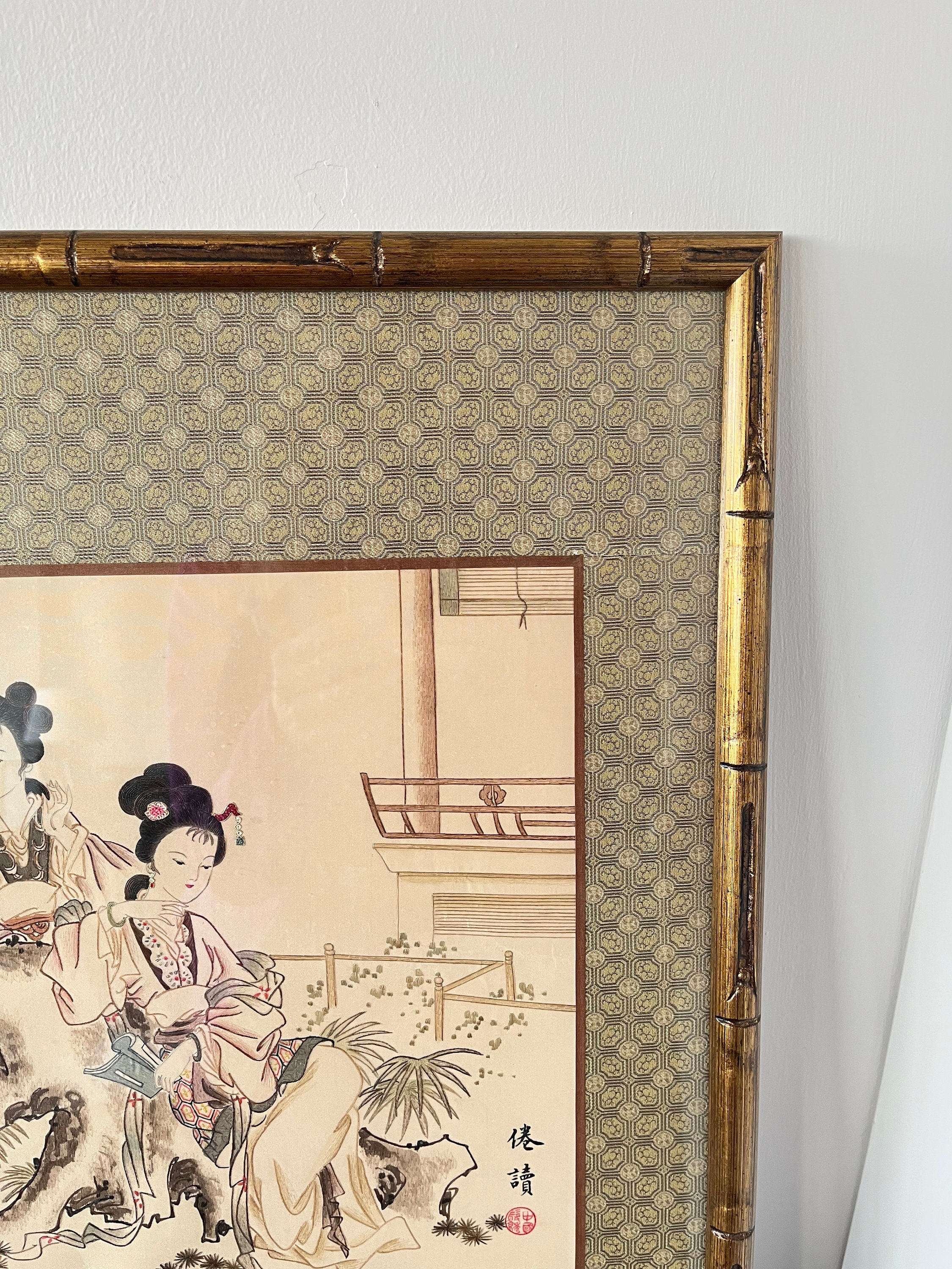 Chinese Silk Painting Vintage Gold Wood Bamboo Frame, Geisha Girls ...