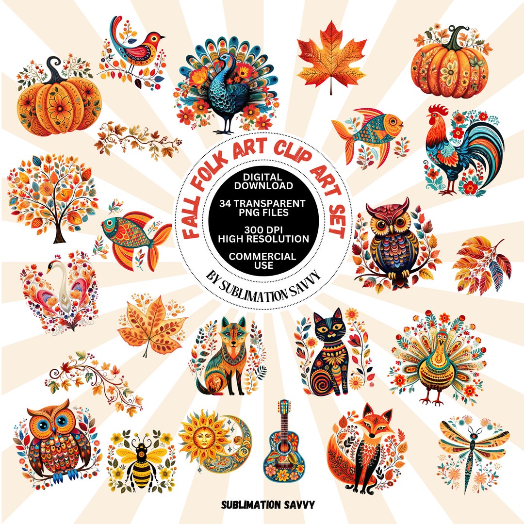 Whimsical Fall Clipart, Folk Art PNG Set, 34 Fall Graphics, Autumn ...