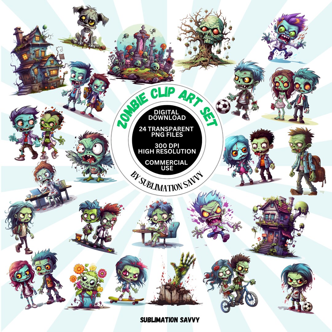 Zombie Clipart PNG Set, 24 Halloween Clipart, Commercial Use Clip Art ...