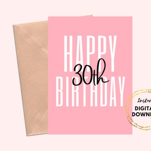 Printable Happy 30th Birthday Card Pink Minimalist DIY 30th | Etsy