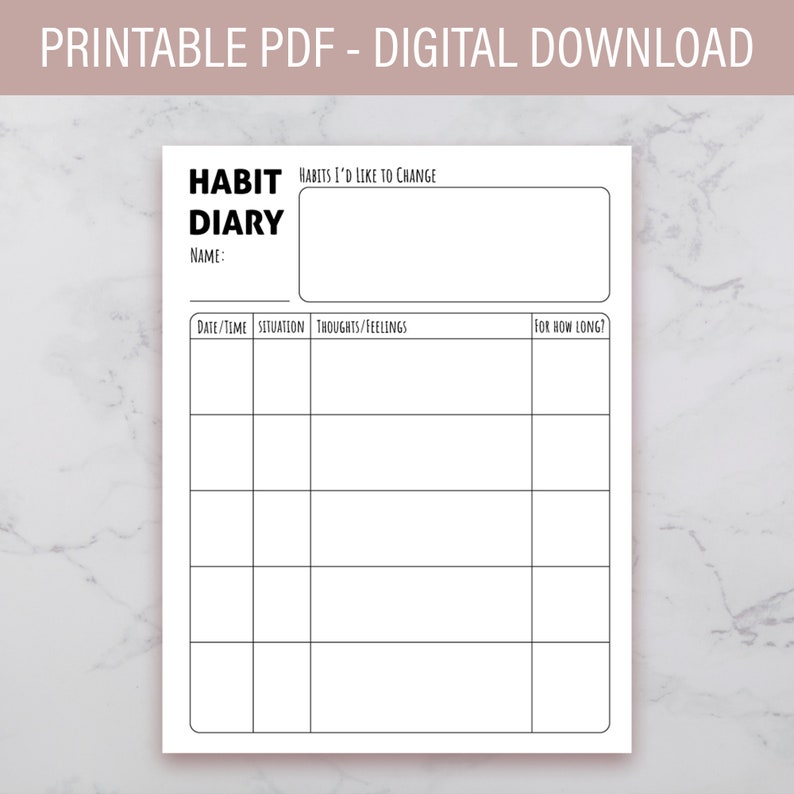 Habit Diary Printable PDF Worksheet Mental Health Journal - Etsy