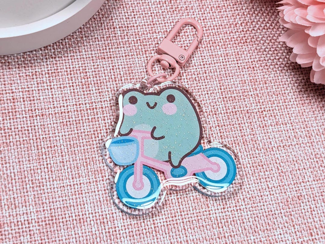 Cute Frog Keychain, Frog on Bicycle, Glitter Frog Charm, Cute Animal ...