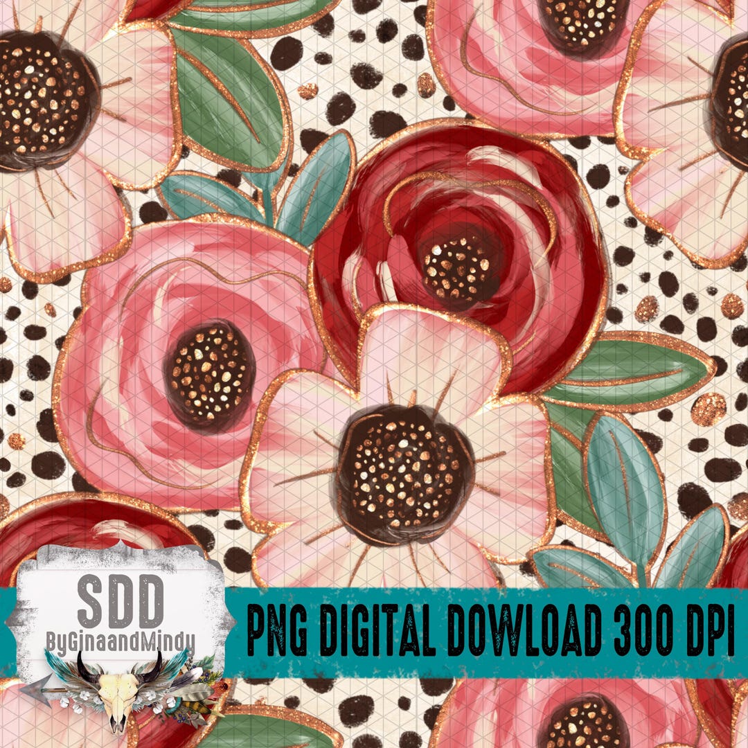 Painterly Rose Floral Pattern PNG | Pink Red Flower Repeat, Gold Accent ...
