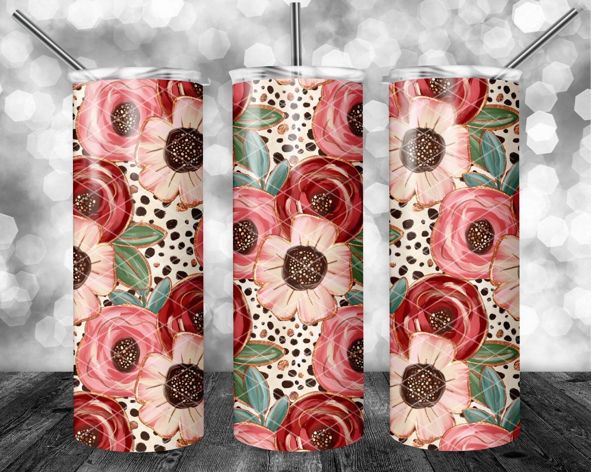 Painterly Rose Floral Pattern PNG | Pink Red Flower Repeat, Gold Accent ...