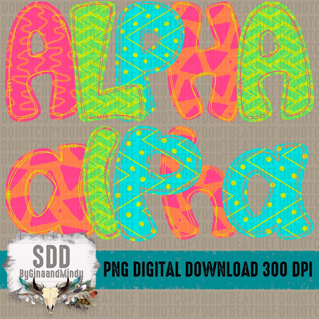 Neon Brights Doodle Alpha PNG Bundle Set | Letters, Bright, Colorful ...