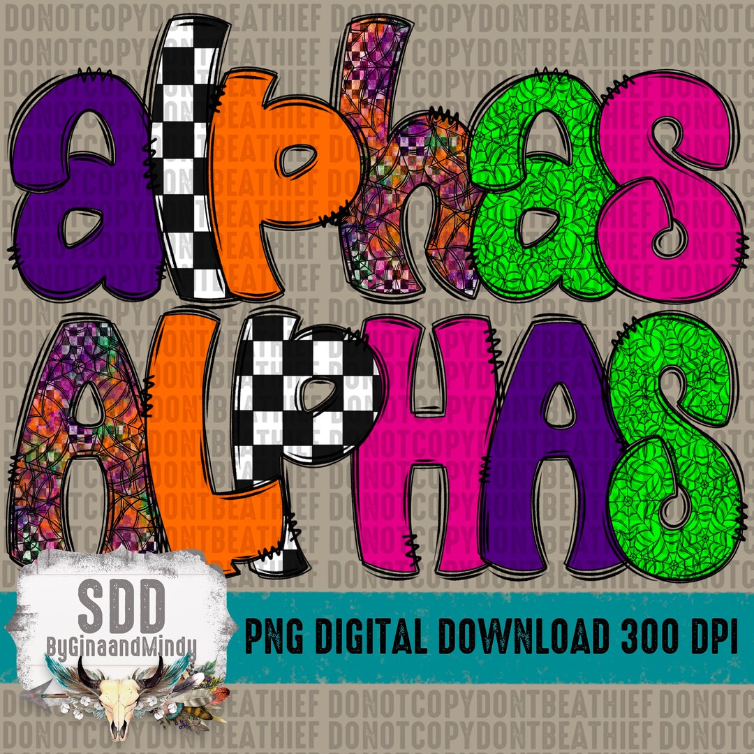 Spooky Checkered Alpha PNG Bundle Set Doodle Letters, Neon, Halloween ...