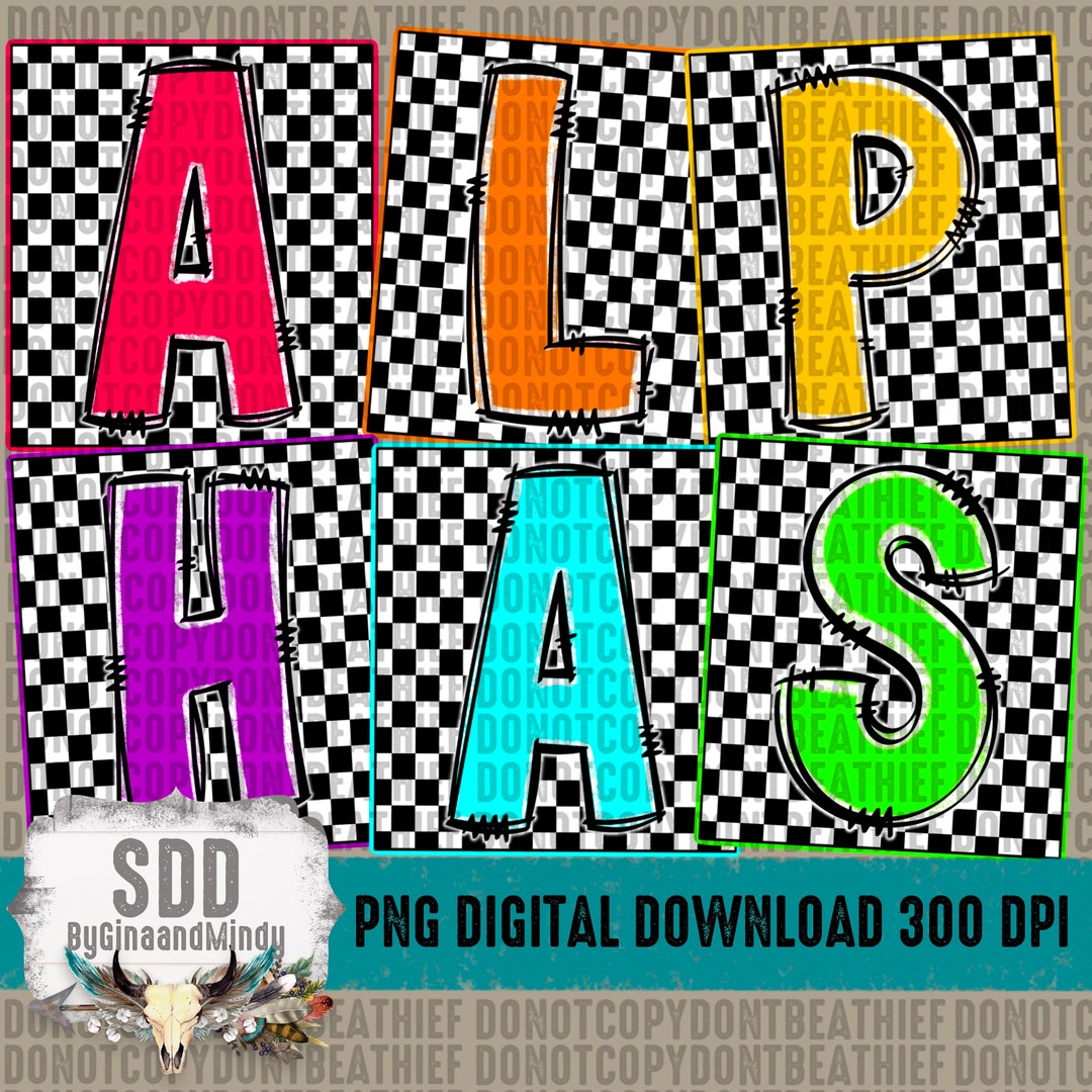 Neon Checkered Alpha PNG Bundle Set Doodle Letters, Bright, Colorful ...