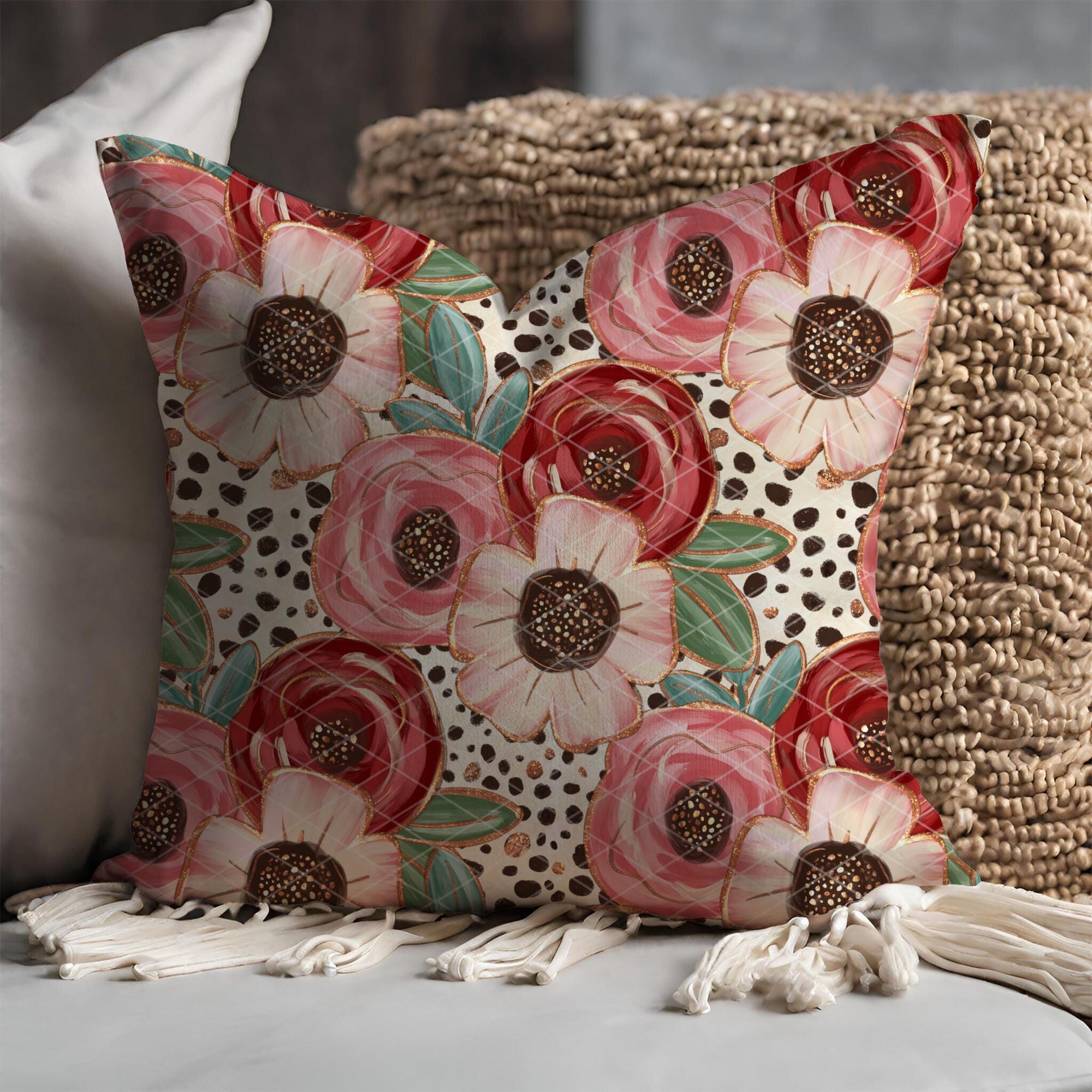 Painterly Rose Floral Pattern PNG | Pink Red Flower Repeat, Gold Accent ...