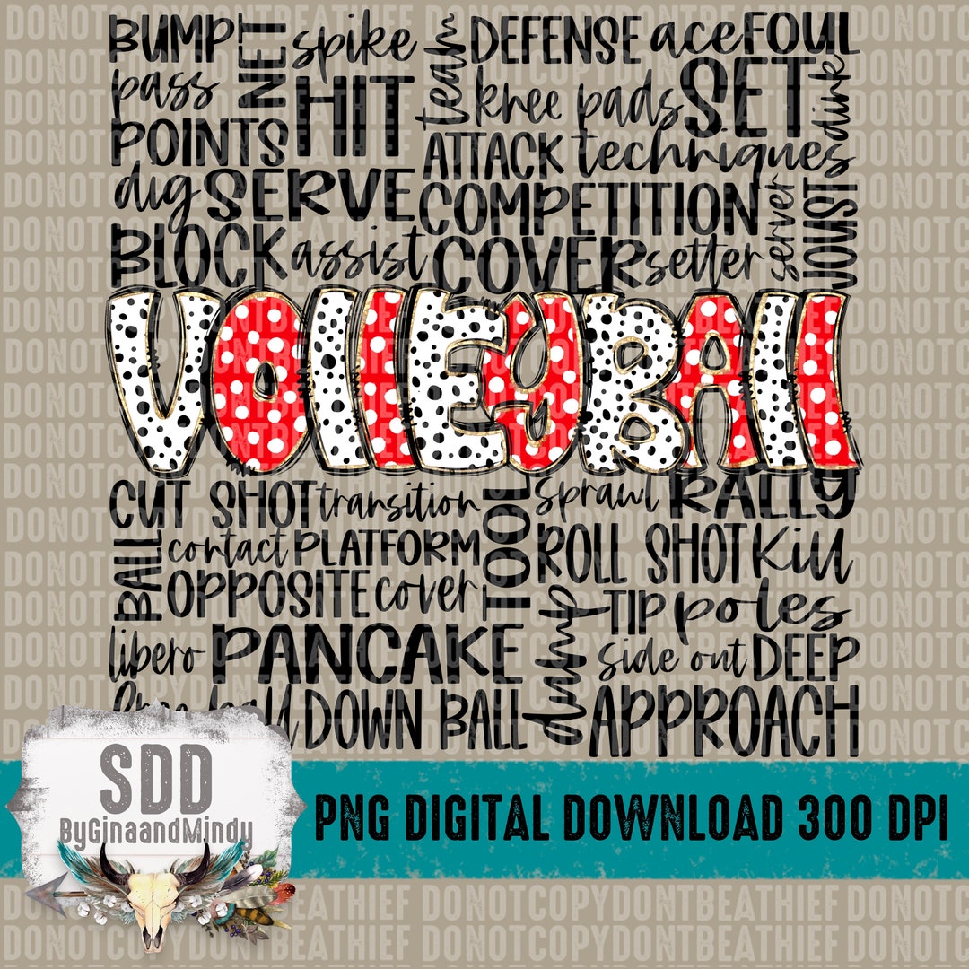 Volleyball Doodle Word Art PNG Bundle School, Spirit, Dots, Spike, Net ...