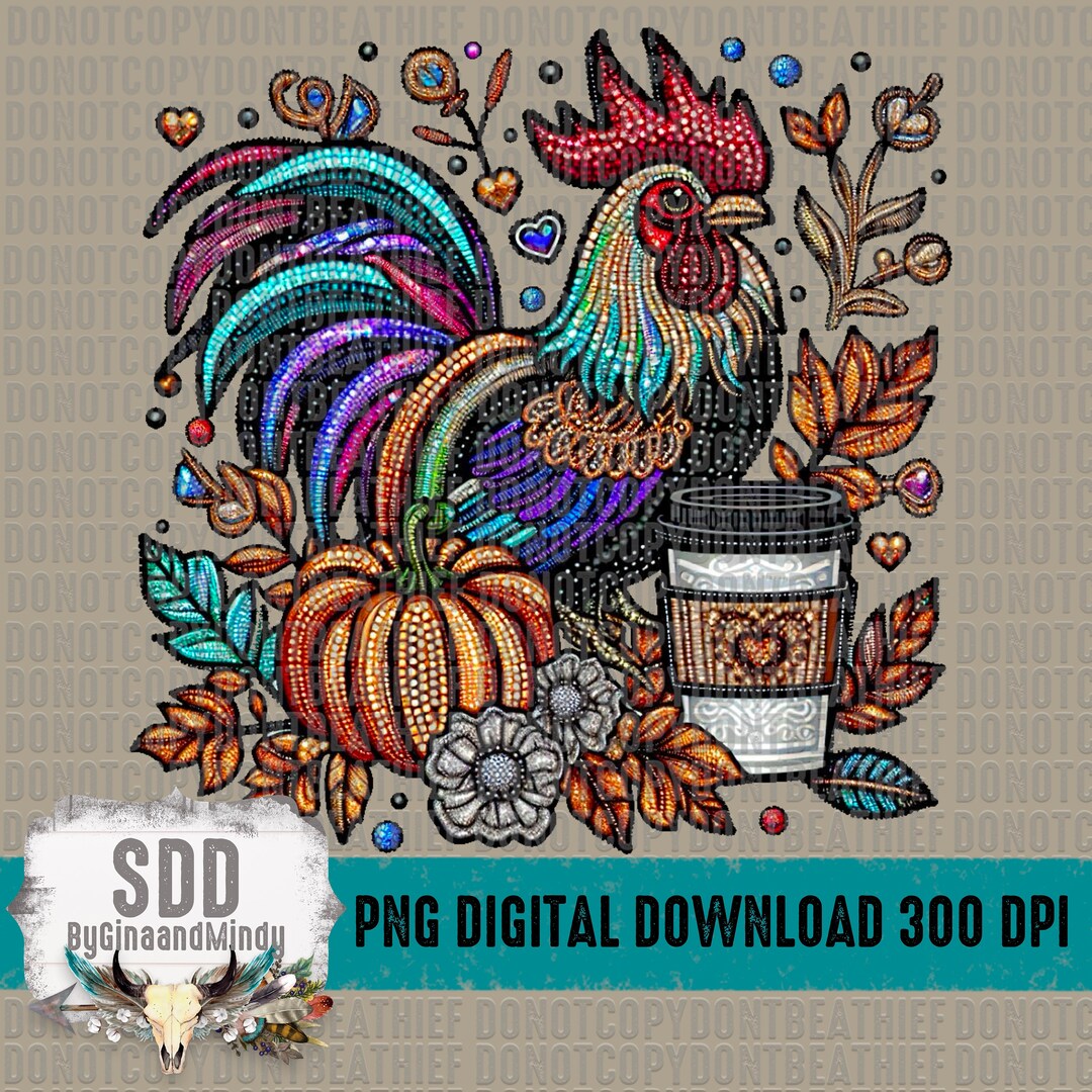Fall Rooster PNG | Autumn, Faux Embroidery, Chicken, Pumpkin, Coffee ...