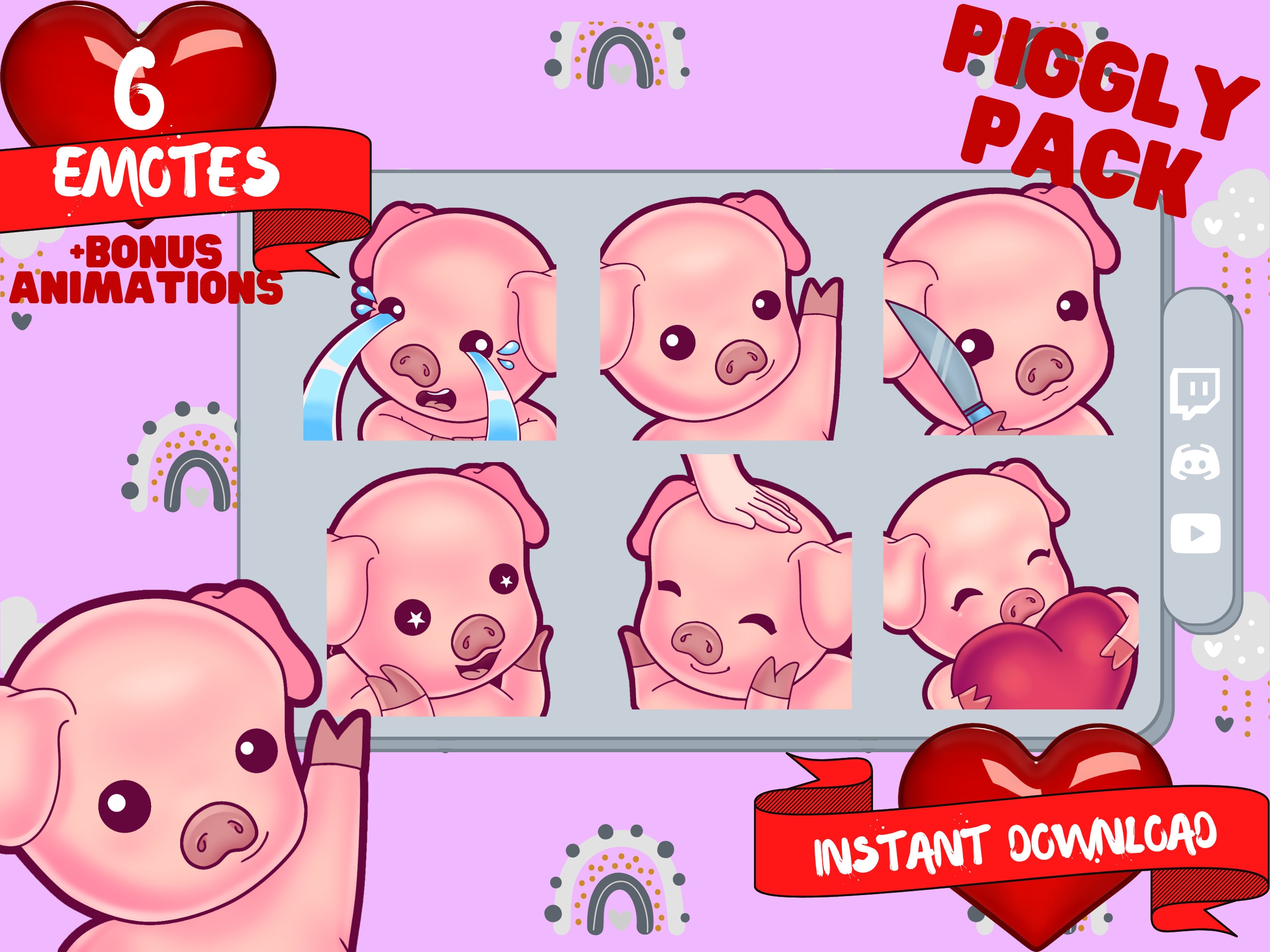SIX EMOTE PACK | Cute Piggy Sub Emotes W/bonus Animated Emotes, Sub ...