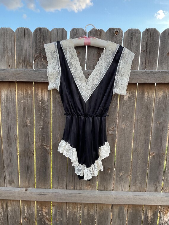 1980s Lace Teddy One Piece Lingerie Leotard Black W… Gem