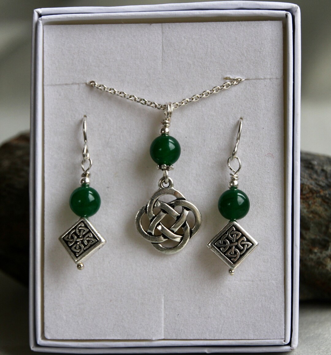 Silver Celtic Knot Pendant With Green Jade, and Green Jade Earrings ...