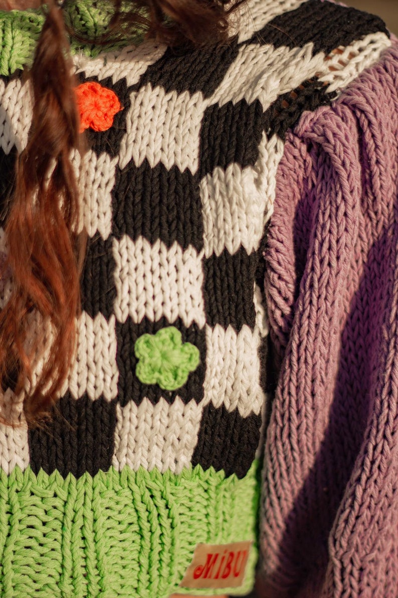 Checkered Chunky Knit Sweater Hand Knitted Sweater Long - Etsy