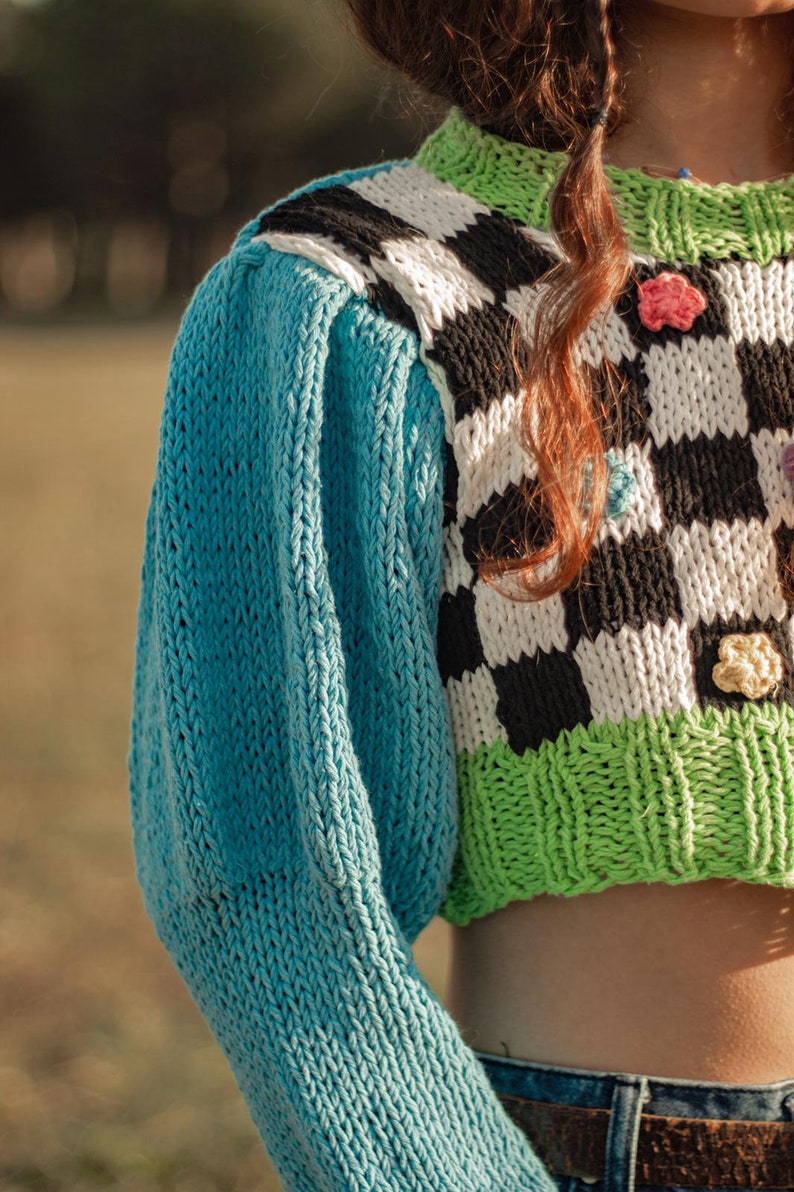 Checkered Chunky Knit Sweater Hand Knitted Sweater Long - Etsy