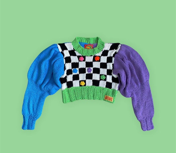 Checkered Chunky Knit Sweater Hand Knitted Sweater Long - Etsy