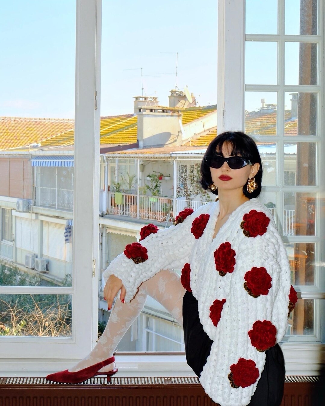 White Chunky Knit Cardigan – 3D Rose Knit Sweater – Handmade Chunky ...