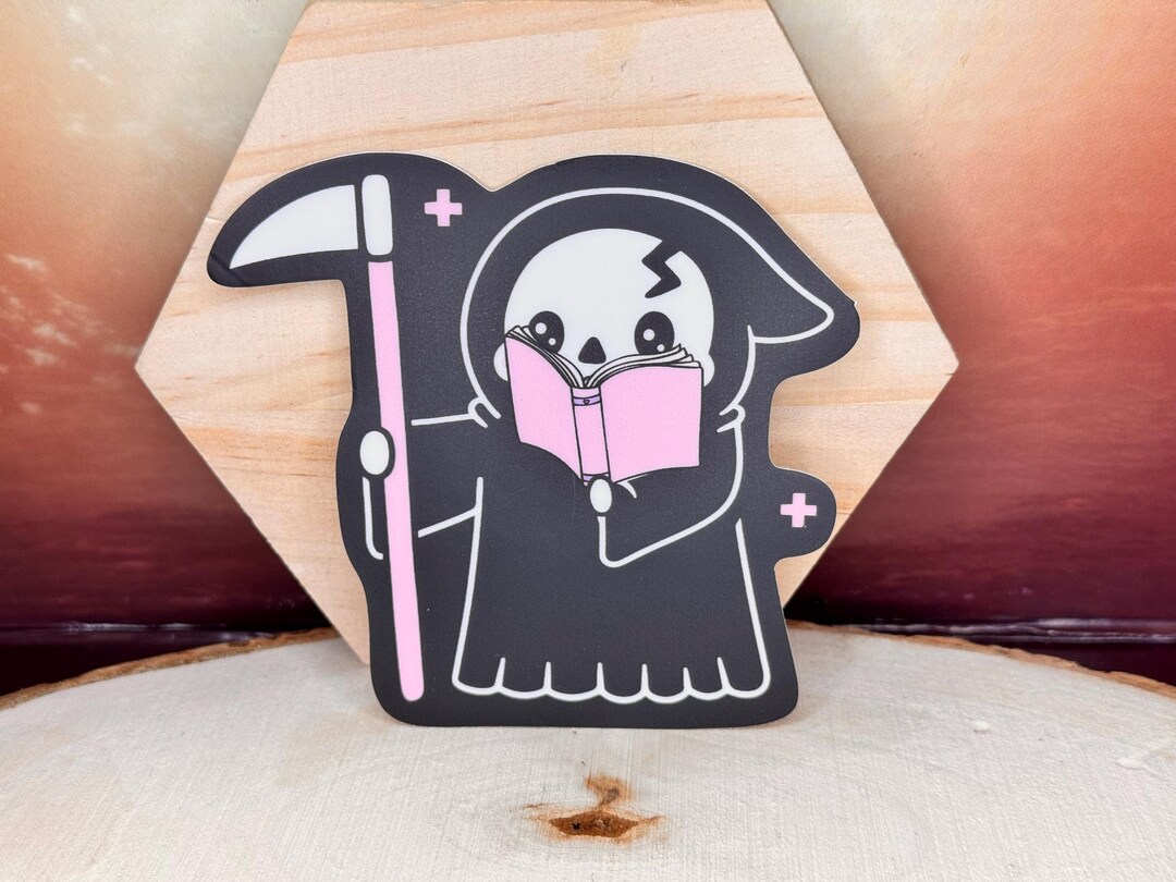 Vinyl Sticker Grim Reaper Reading a Book, Waterproof Sticker, Book ...