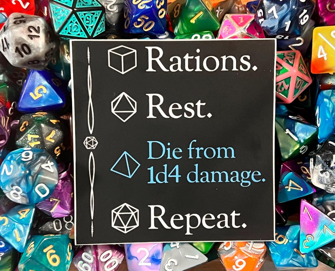D&D Vinyl Sticker Rations Rest Die From 1d4 Damage Repeat Dishwasher ...