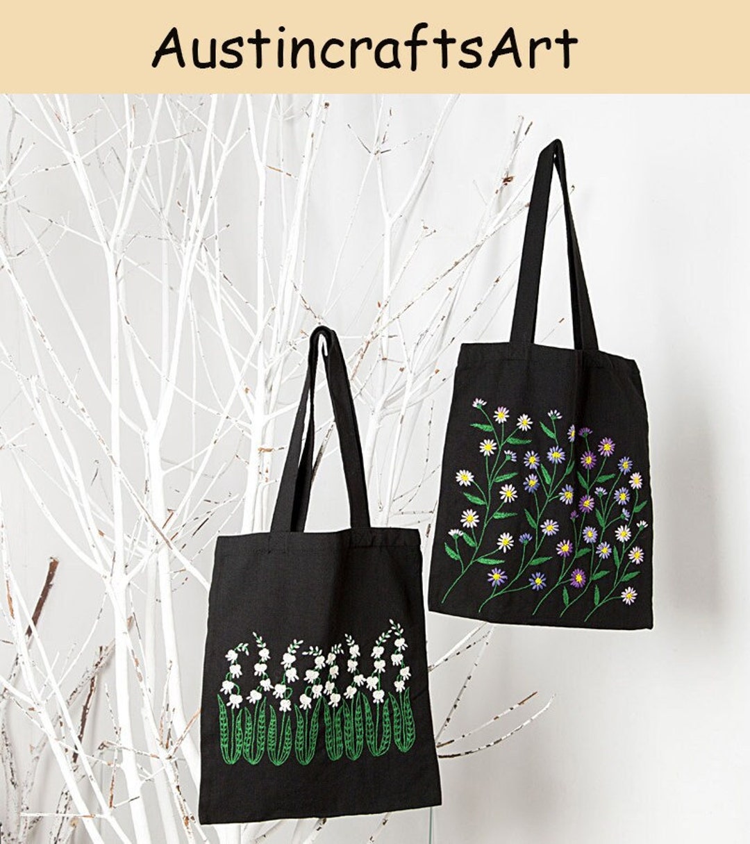 Embroidery Tote Bag Kit, DIY Flower Embroidered Canvas Bag Kit, Modern ...