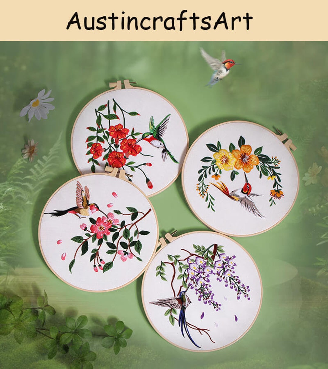 Hummingbird Embroidery Kit, Flowers Birds Needlework Embroidery Kit ...