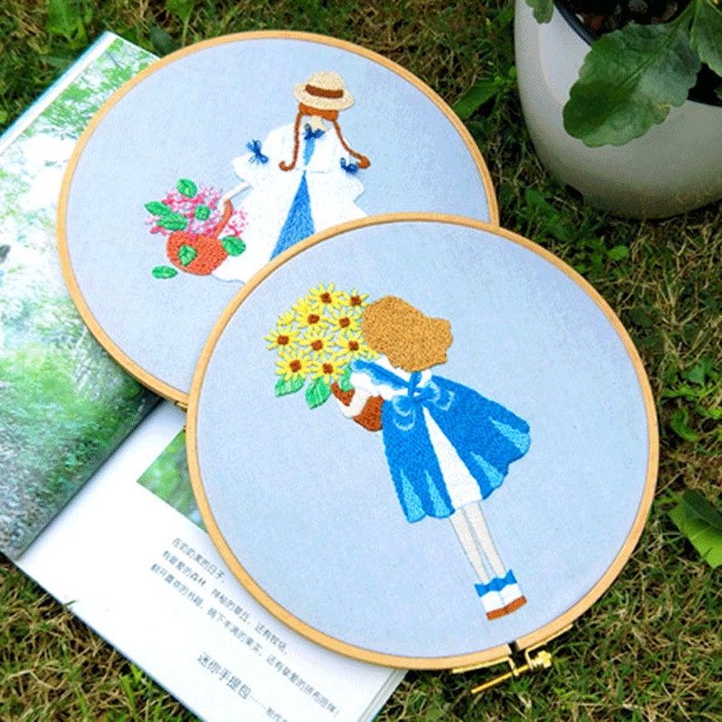 Diy Embroidery Kit Girl Flower Pattern Little Girl Embroidery | Etsy