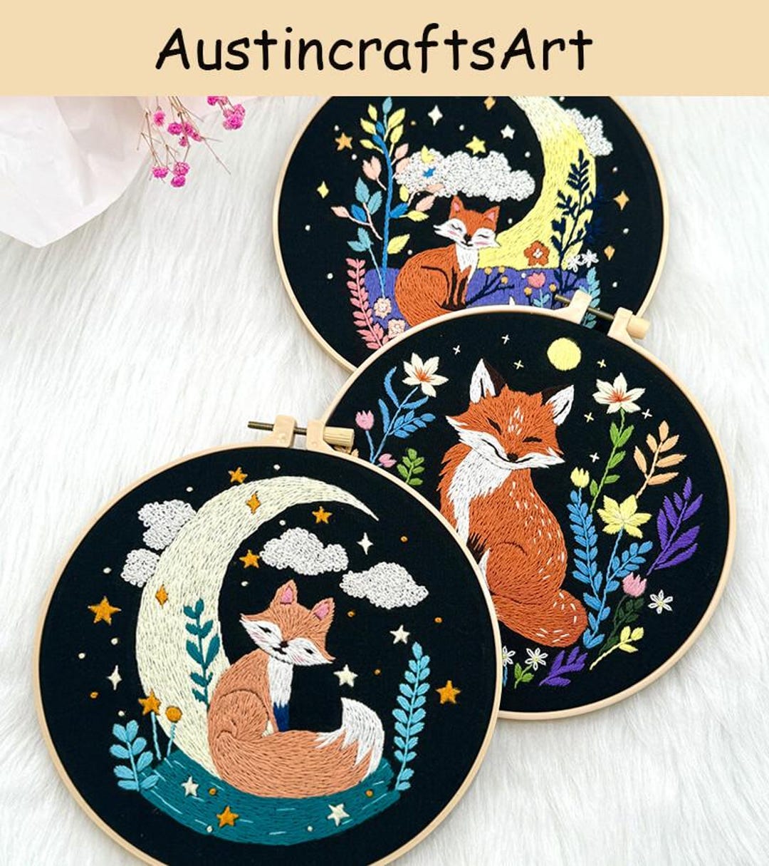 Fox Embroidery Kit, Cute Fox Flowers Moon Embroidered Kit, DIY Animal ...
