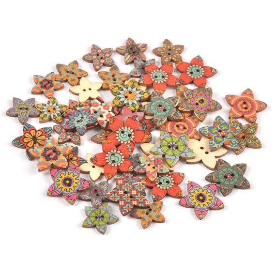 Wooden Star Flowers Buttons Natural Finish Two Hole Button Colorful ...