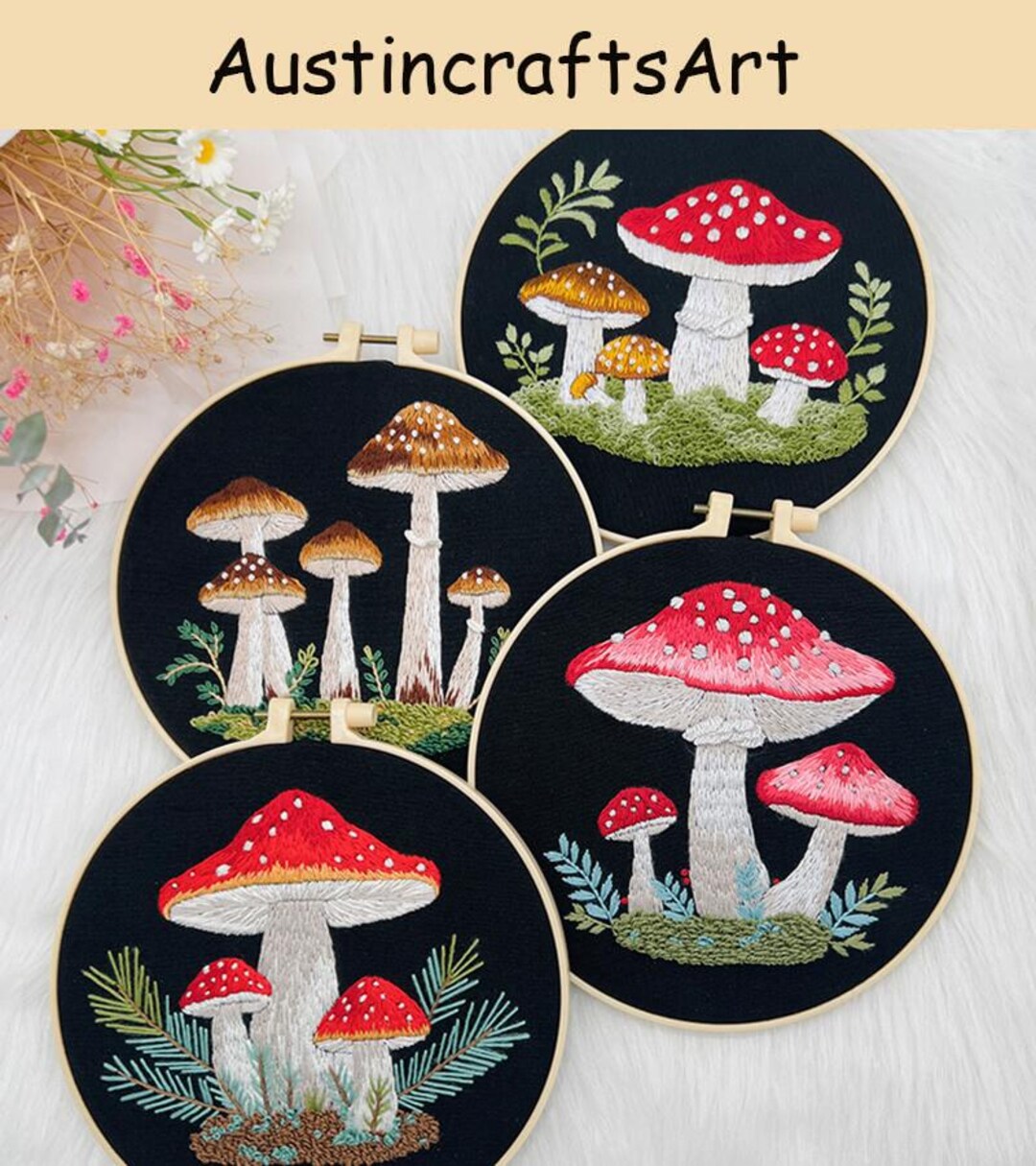 Mushroom Embroidery Kit, Cute Mushroom Plants Embroidered Kit, Beginner ...