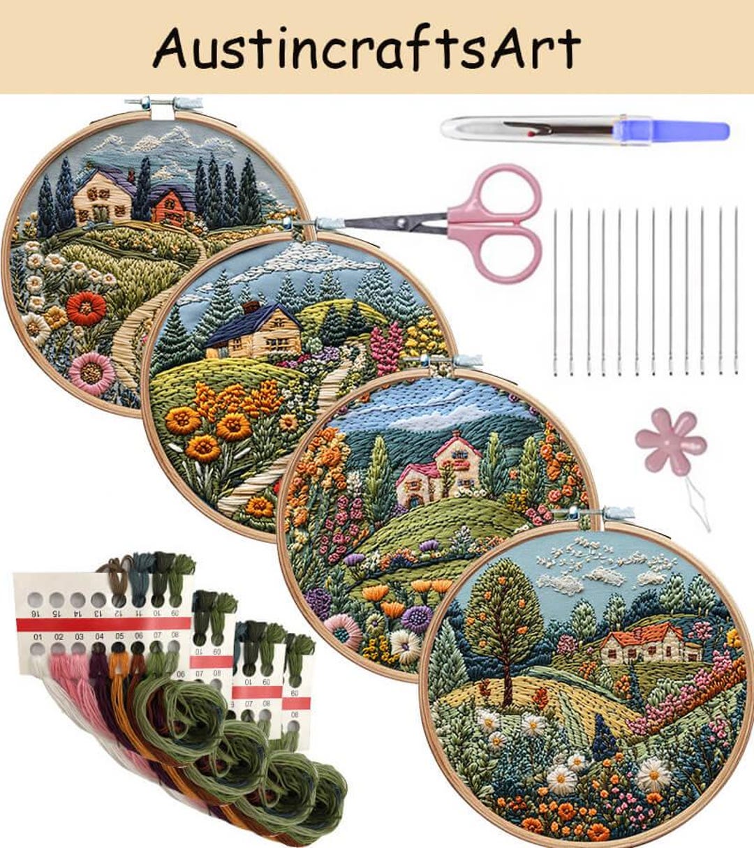 Flower Scenery Embroidery Kit: DIY Needlework Project, Wall Ornament ...