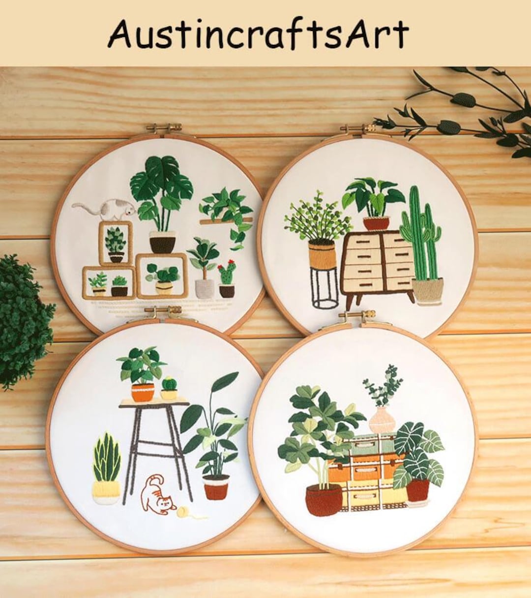 Plant Embroidery Kit, Home Life Scene Cat Embroidery Kit, DIY Beginner ...