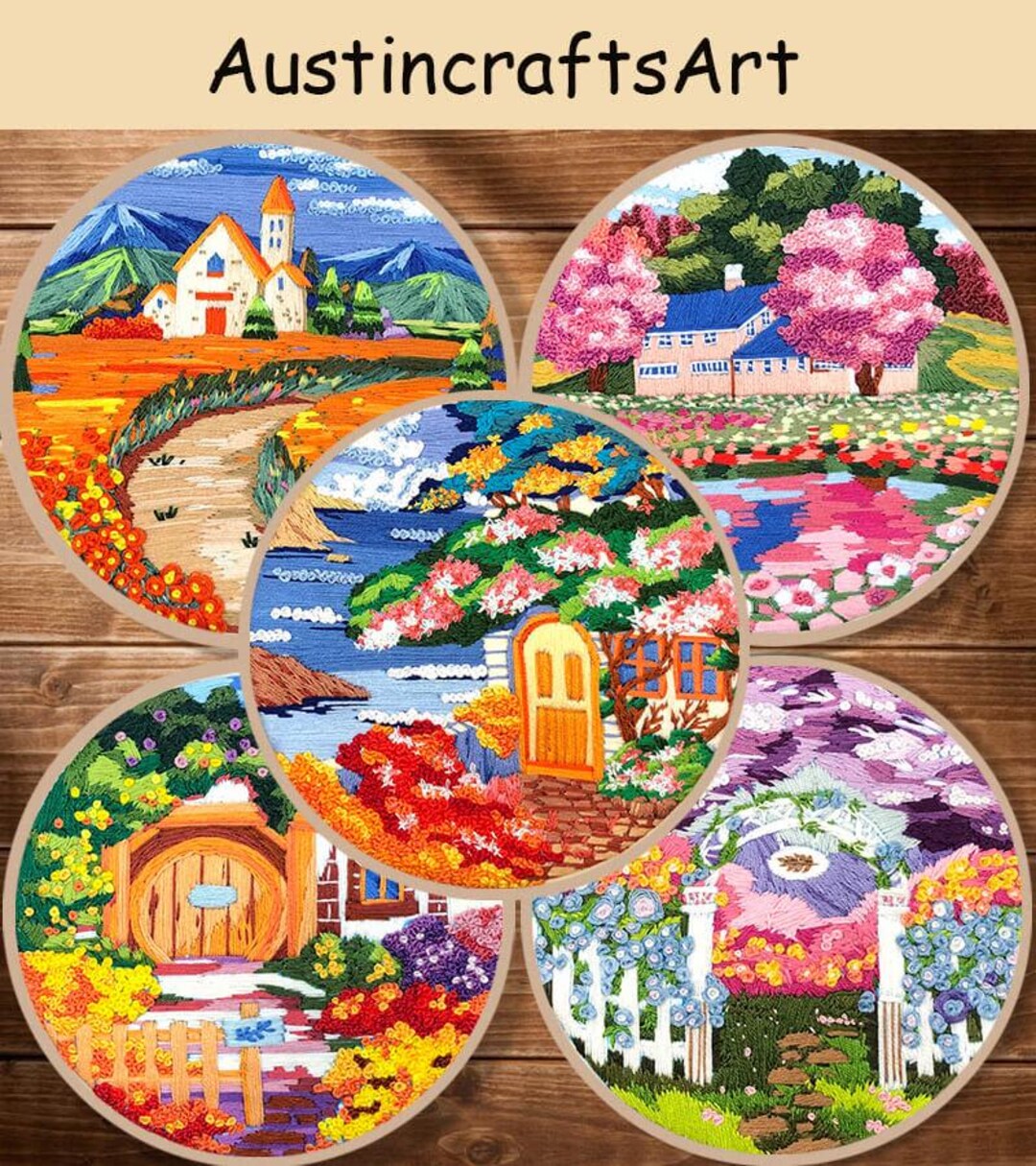 Landscape Embroidery Kit, DIY House Garden Scenery Needlework ...