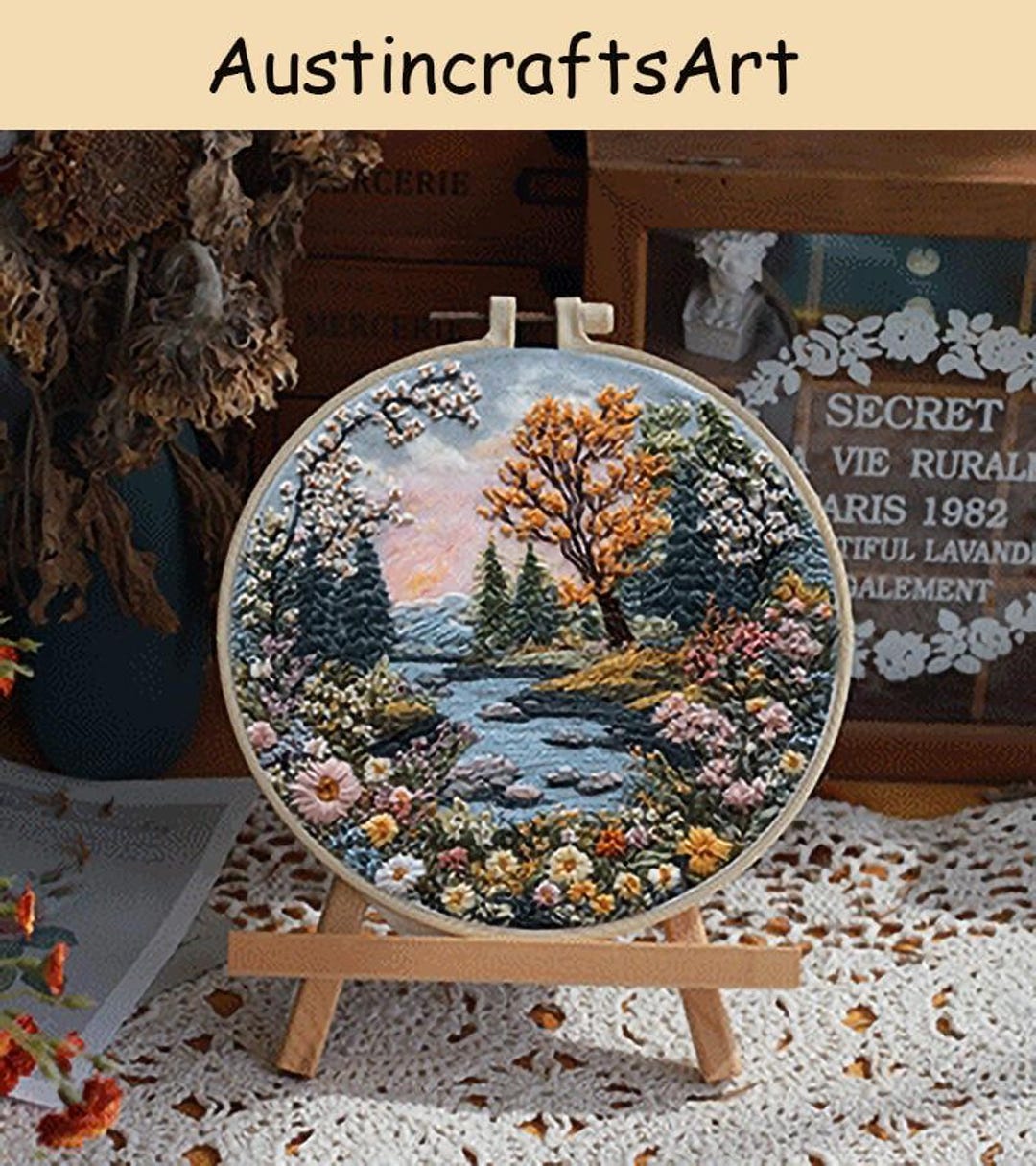 Landscape Embroidery Kit: Retro Flowers Tree Scenery, DIY Needlework ...
