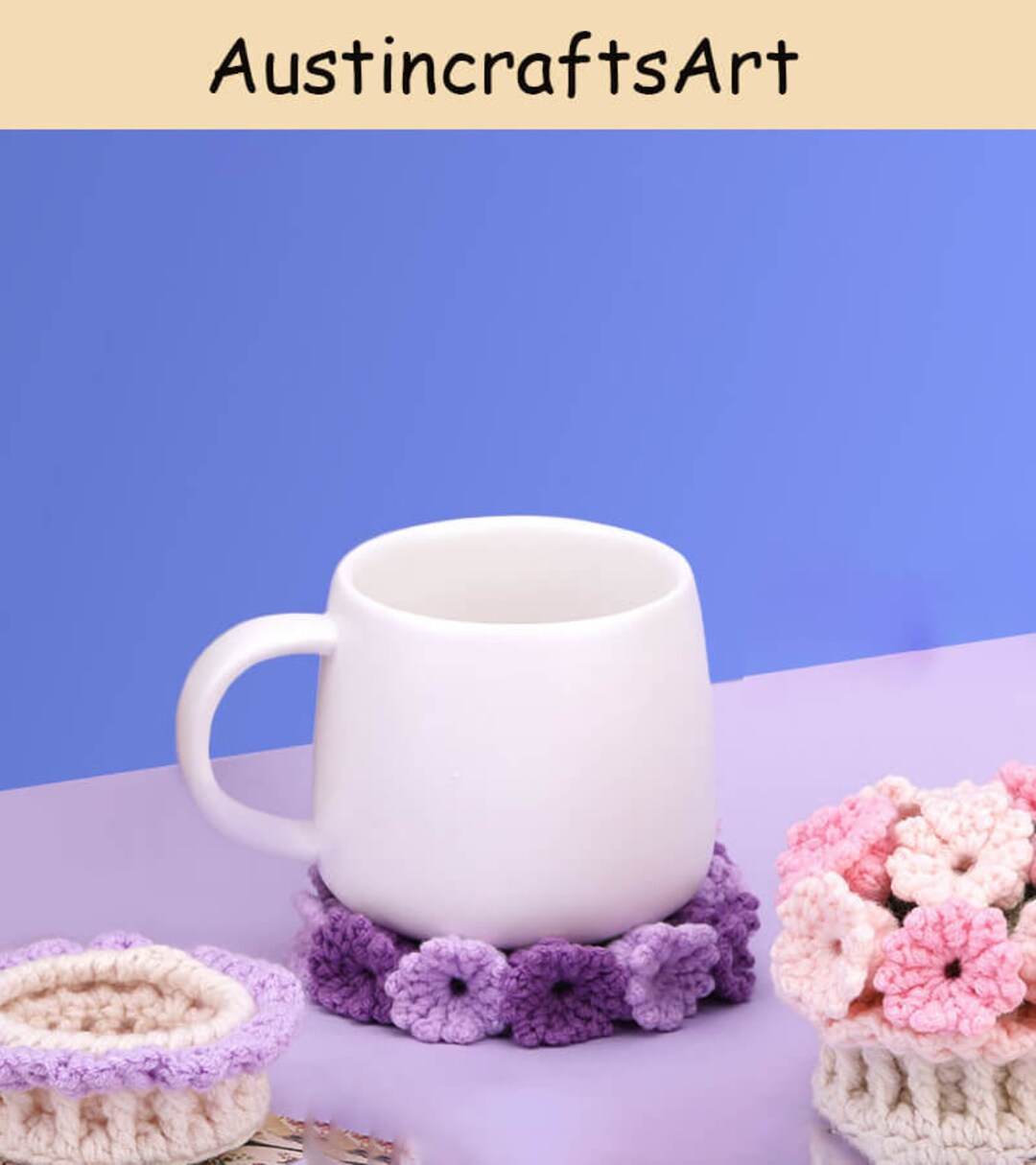 Crochet Coaster Kit, DIY Pink Purple Coaster Crochet Kit, Tabletop ...
