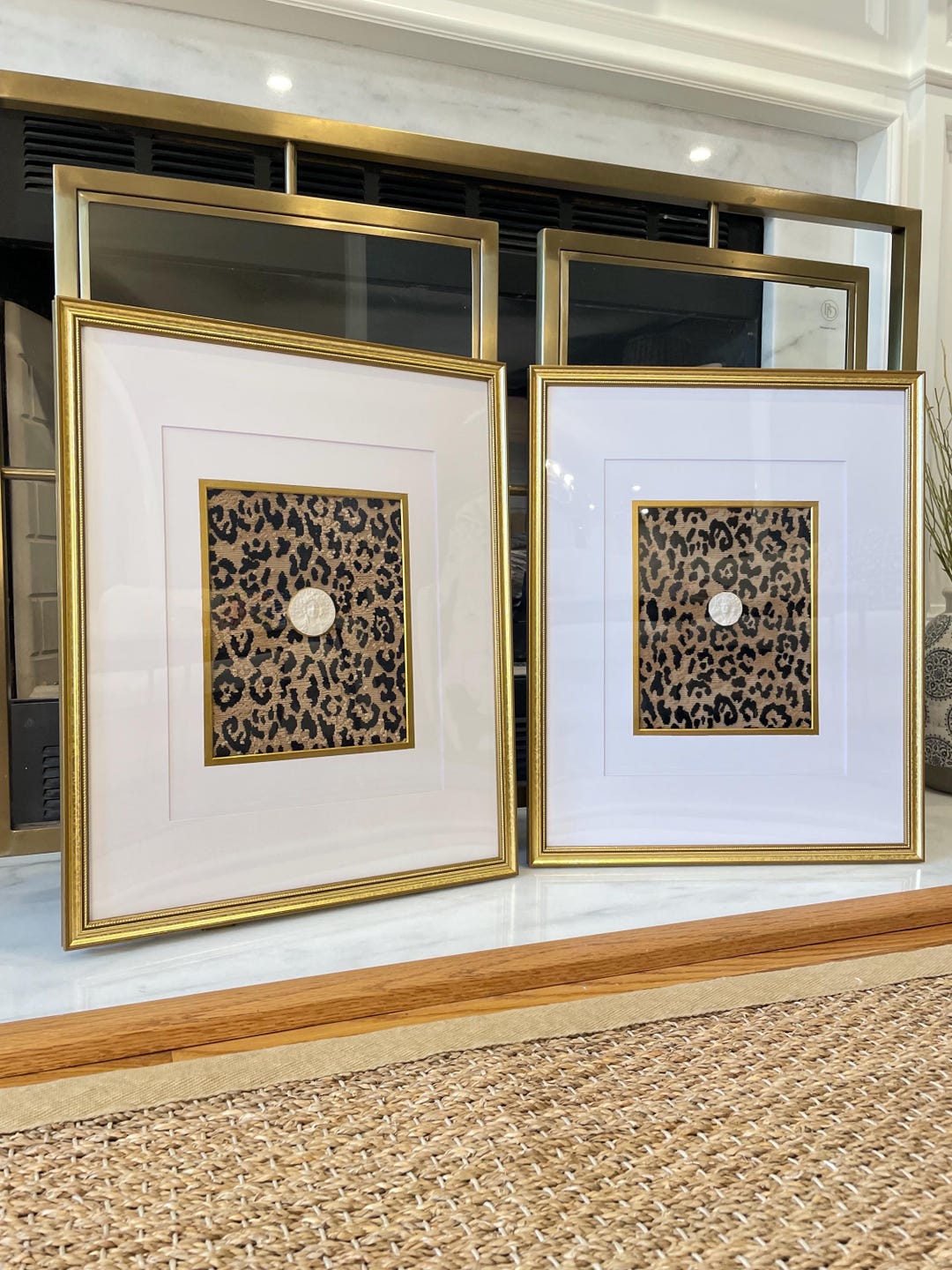 Framed Intaglios With Leopard Designer Fabric Background, Intaglio ...
