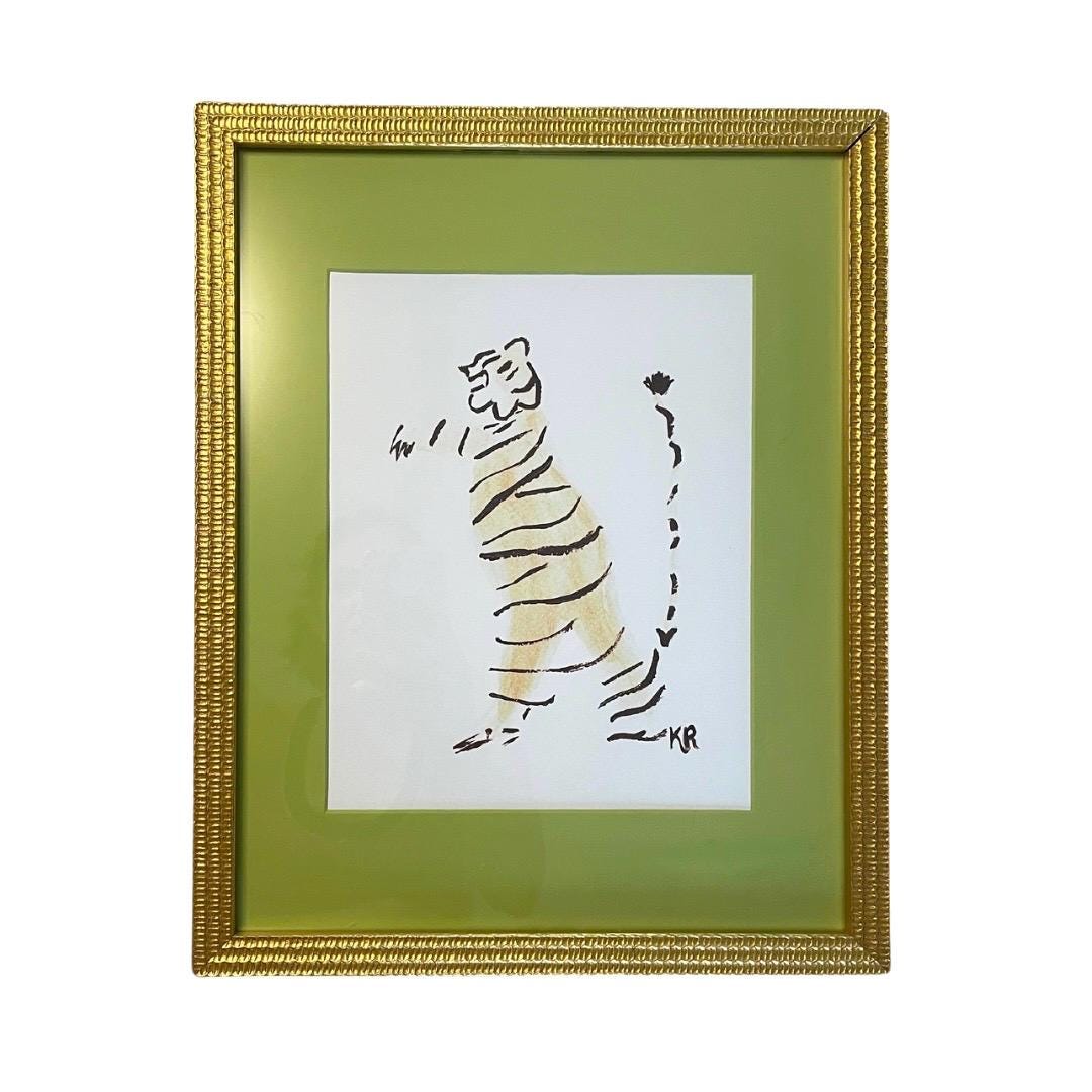 Framed Whimsical Tiger With Green Mat Print Tiger Art Print Tiger Art ...