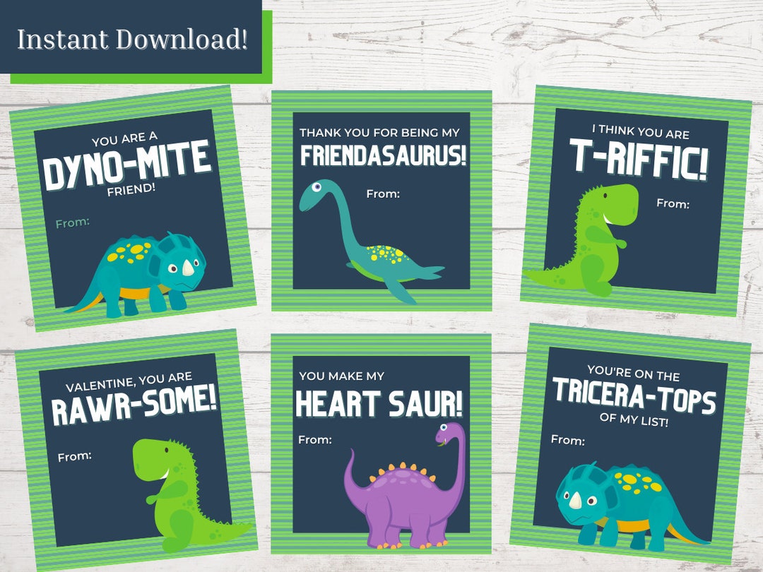 Valentines Day Cards, Printable, Kids, Children, Dinosaur, Trex, Dino ...