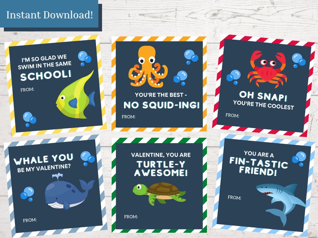 Valentines Day Cards, Printable, Kids, Children, Sea Creatures, Ocean ...