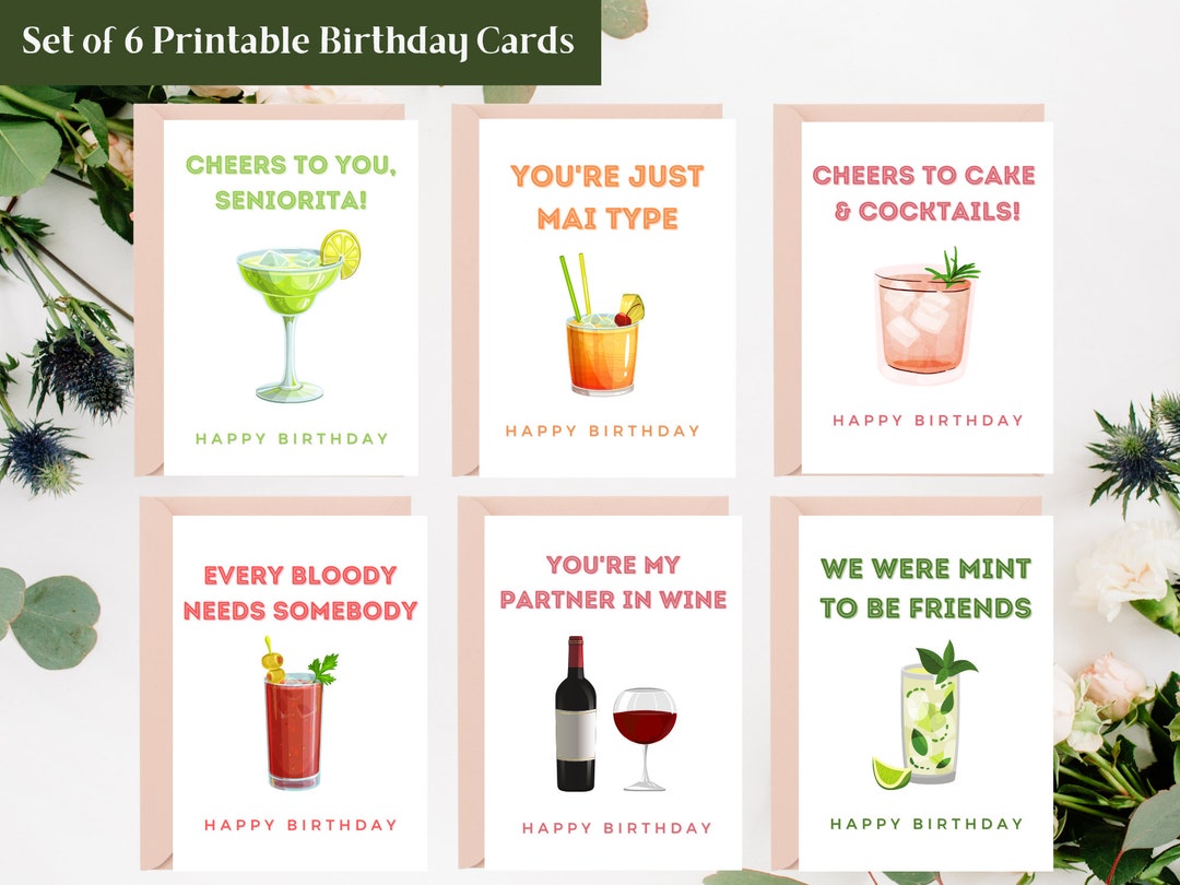 Set of 6 Printable Birthday Cards, Cocktails, Wine, Margarita, Cheers ...