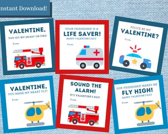 Kids Valentine Cards INSTANT DOWNLOAD Emergency Vehicles, Police Car ...