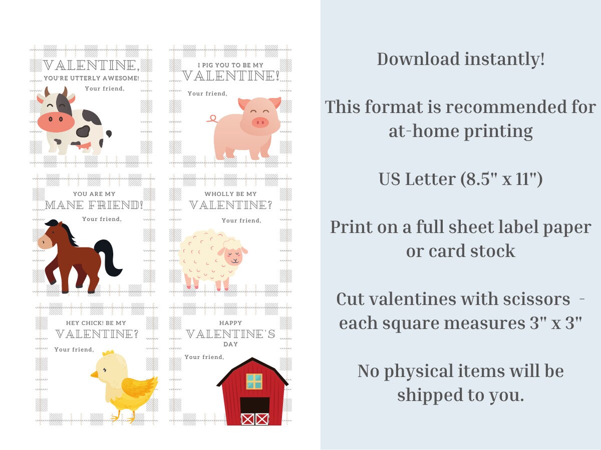 Valentines Day Cards, Printable, Kids, Children, Farm Animals, Horse ...
