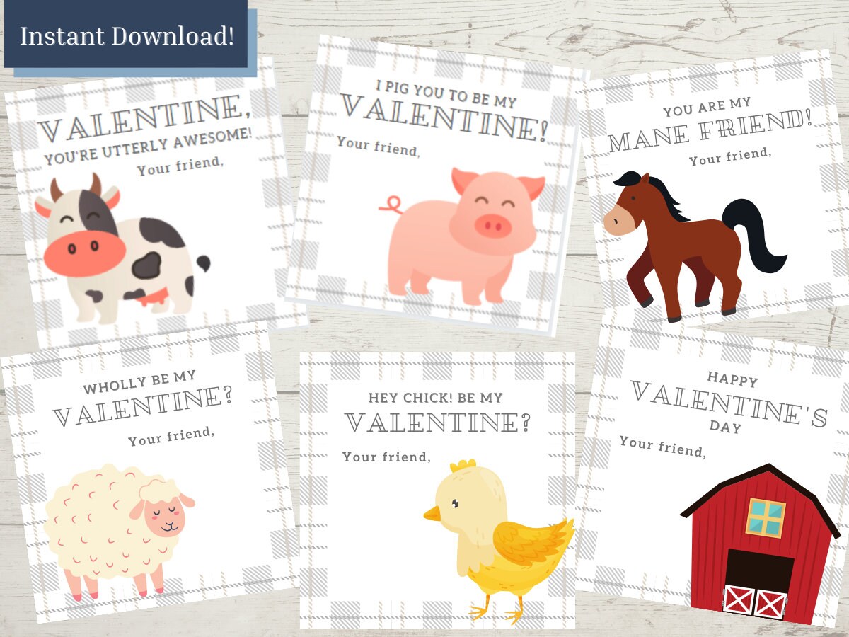 Valentines Day Cards, Printable, Kids, Children, Farm Animals, Horse ...